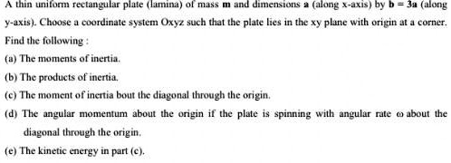 SOLVED: A thin uniform rectangular plate (lamina) of mass m and ...