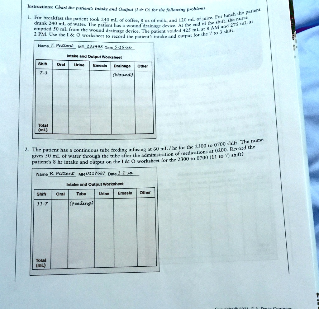 Instructions: Chart the patient's Intake and Output (I O) for the ...