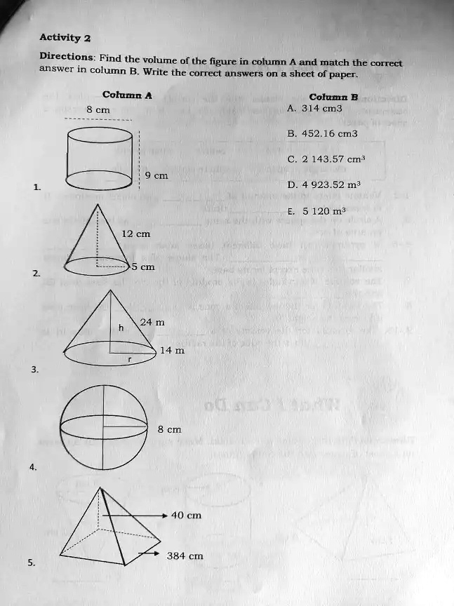 SOLVED: Activity 2 Directions- Find the volume of the figure in column ...