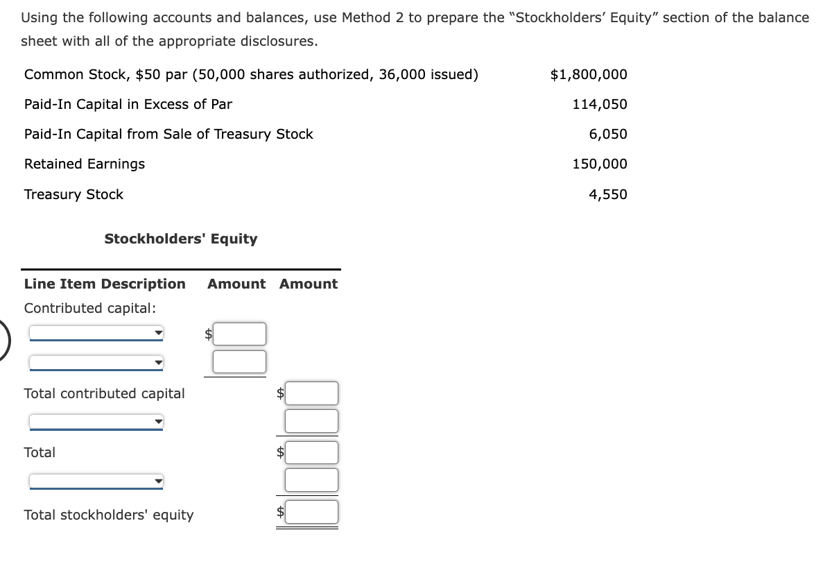Using the following accounts and balances, use Method 2 to prepare the ...