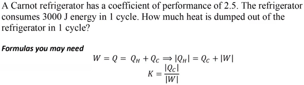 A Carnot refrigerator has a coefficient of performance of 2.5. The ...