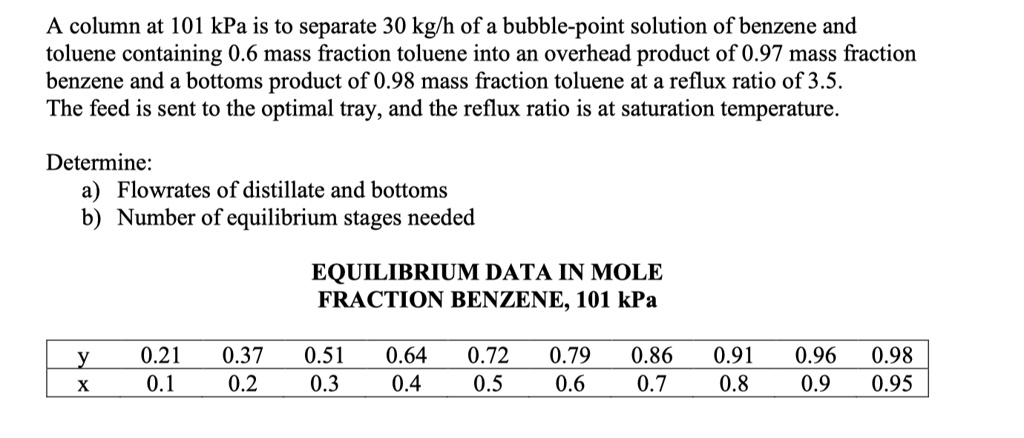 a column at 101 kpa is to separate 30 kgh of a bubble point solution of ...