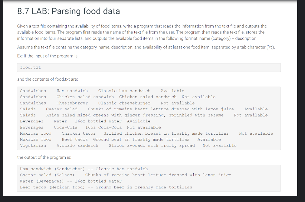8.7 LAB: Parsing food data Given a text file containing the ... 8.7 LAB: Parsing food data Given a text file containing the ...