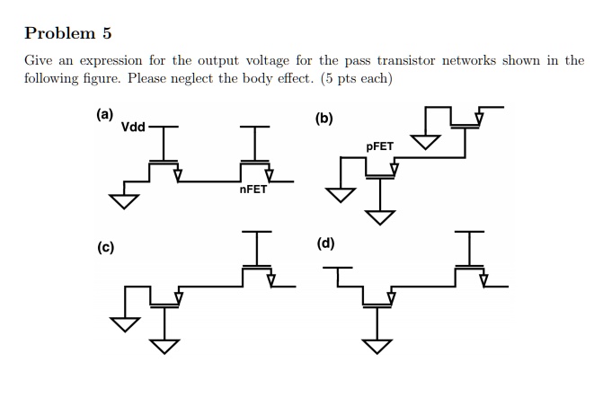 SOLVED: Problem 5 Give an expression for the output voltage for the pass transistor networks ...