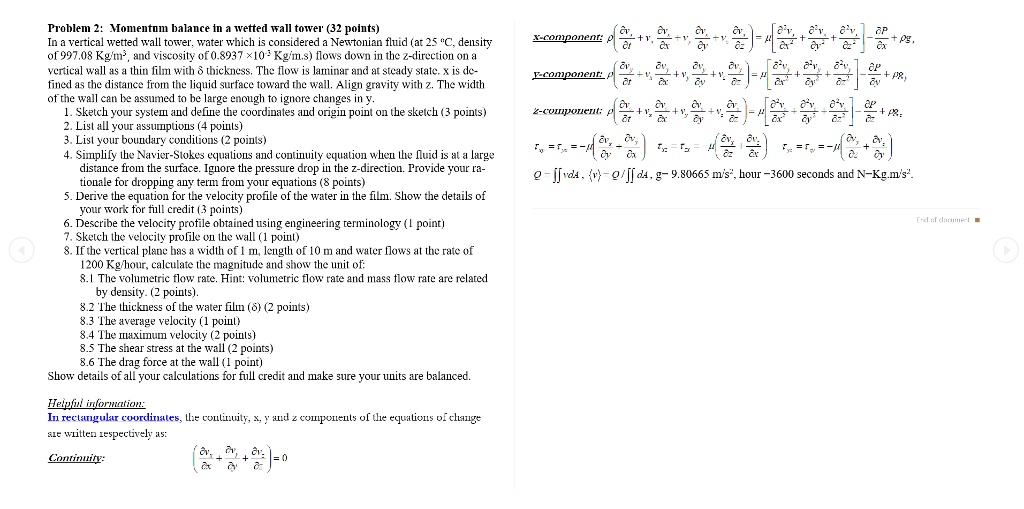 SOLVED: Problem 2: Momentum balance in a wetted wall tower (32 points ...