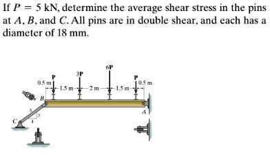 If P = 5 kN, determine the average shear stress in the pins at A, B ...