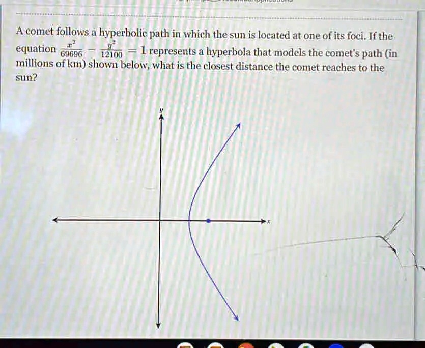 A comet follows a hyperbolic path in which the sun is located at one of ...