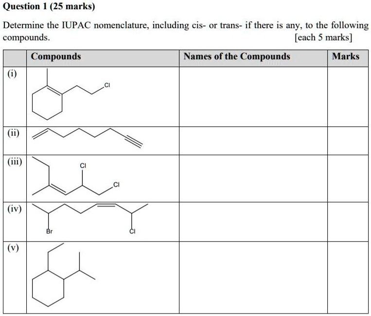 question 1 25 marks determine the iupac nomenclature including cis or ...