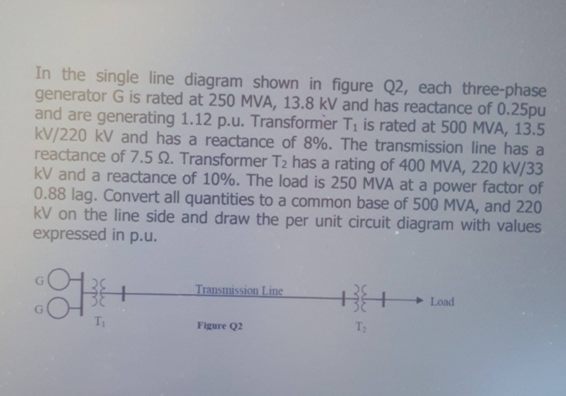 in the single line diagram shown in figure q2 each three phase generator mathrmg is rated at 250 ...