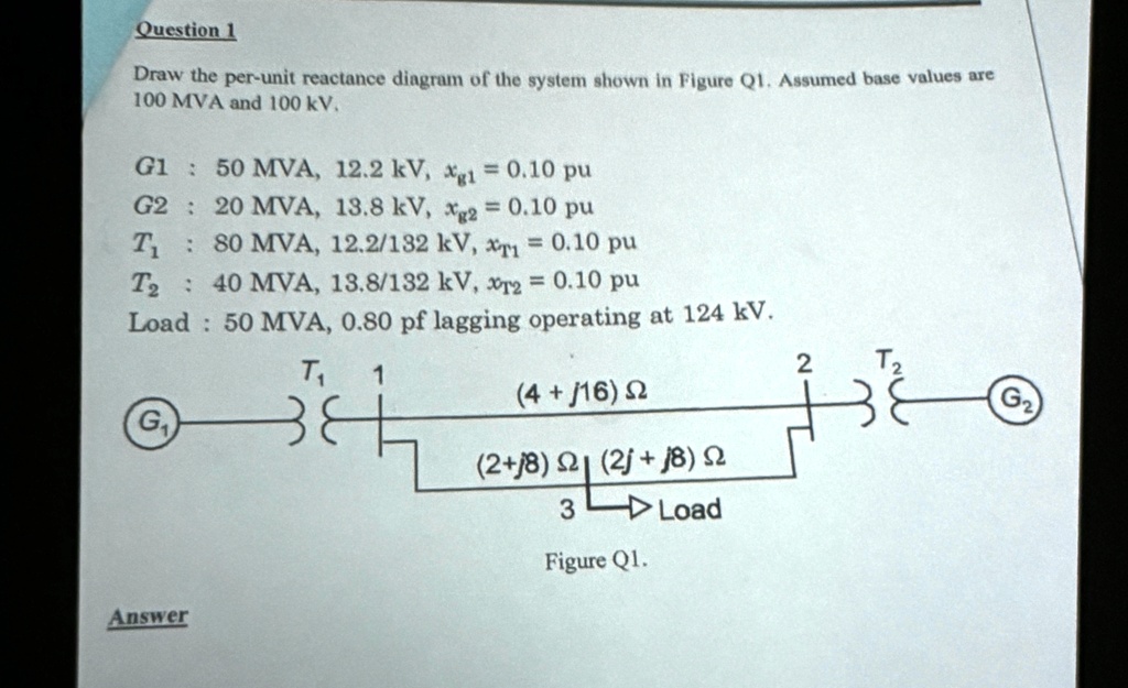 question 1 draw the per unit reactance diagram of the system shown in ...