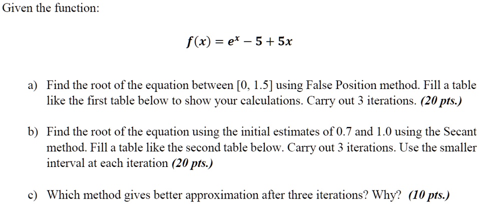 SOLVED: Given the function: f(x) = ex 5 + Sx Find the root of the equation between [0, 1.S ...