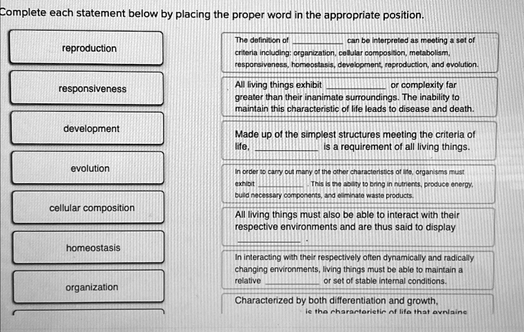 Complete each statement below by placing the proper word in the ...
