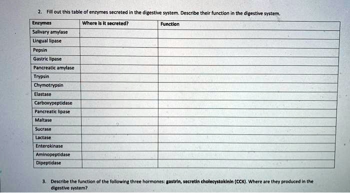 2. Fill out this table of enzymes secreted in the digestive system ...