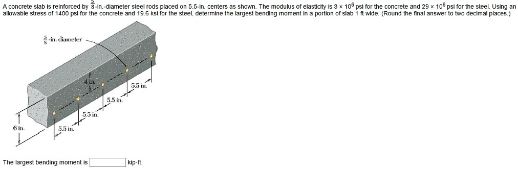SOLVED: A concrete slab is reinforced by 5-in. diameter steel rods ...
