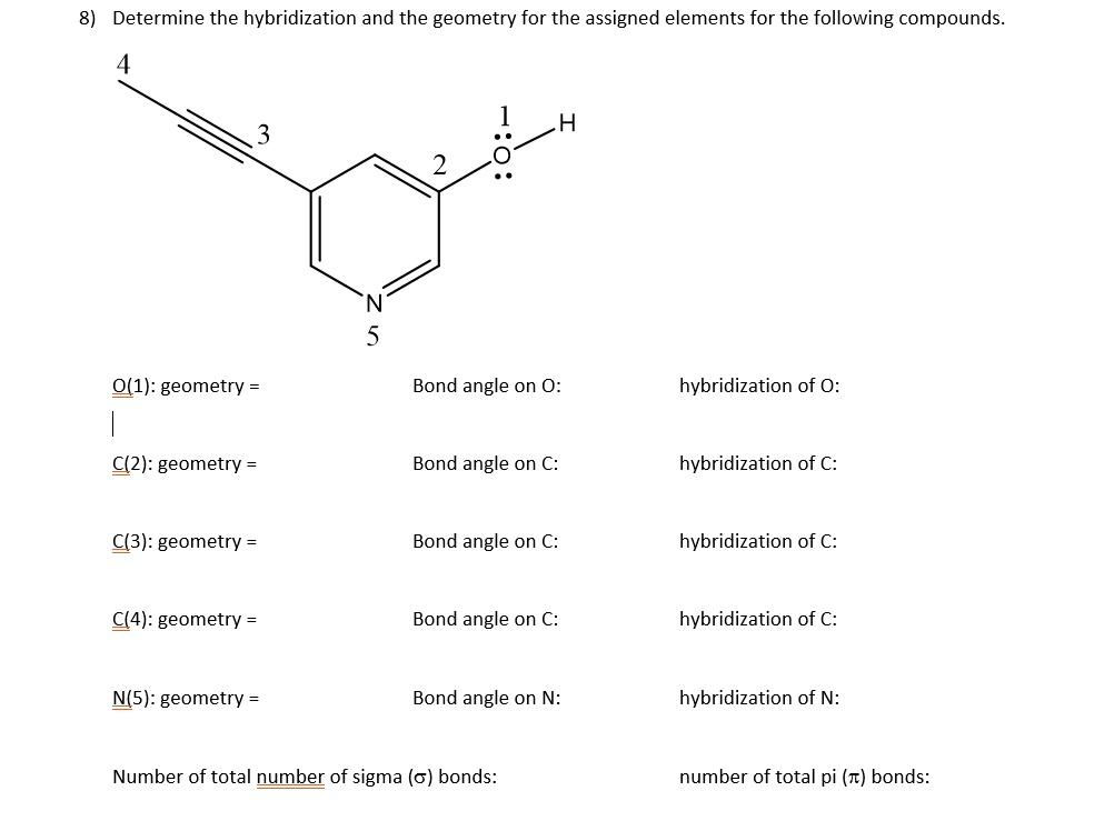 determine the hybridization and the geometry for the assigned elements ...
