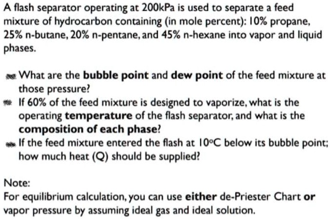 A flash separator operating at 200kPa is used to separate a feed ...
