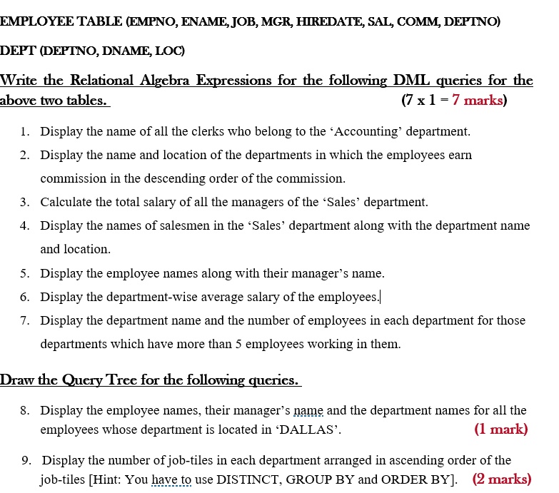 EMPLOYEE TABLE (EMPNO, ENAME, JOB, MGR, HIREDATE, SAL, COMM, DEPTNO) DEPT (DEPTNO, DNAME, LOC ...