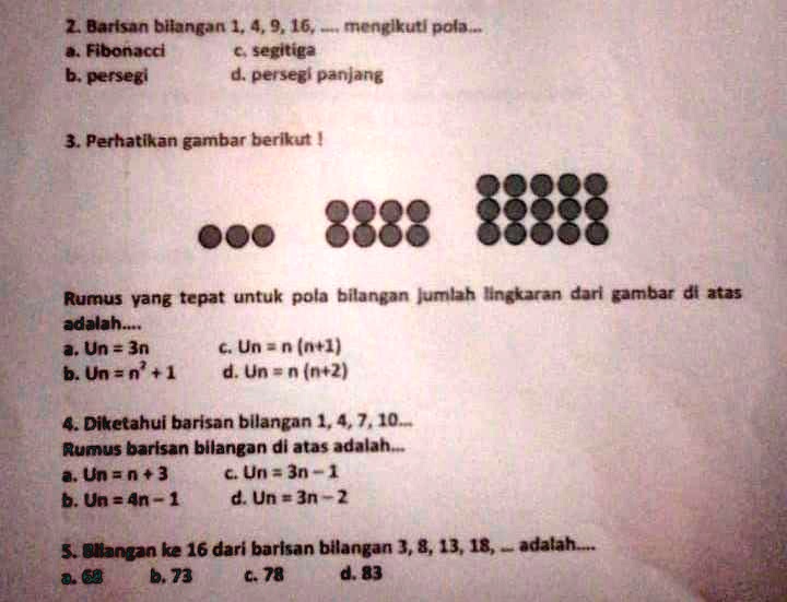 SOLVED: barisan bilangan 1,4,9,16......mengikuti pola Batisan bilangan 1 4,9, 16, mcngikutl pola ...
