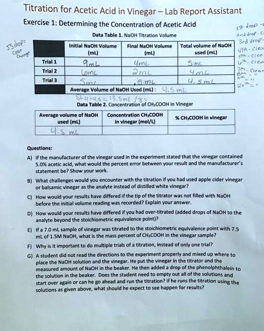 titration for acetic acid in vinegar lab report assistant exercise 1 ...