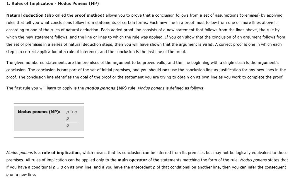 SOLVED: 1. Rules of Implication Modus Ponens (MP) Natural deduction ...