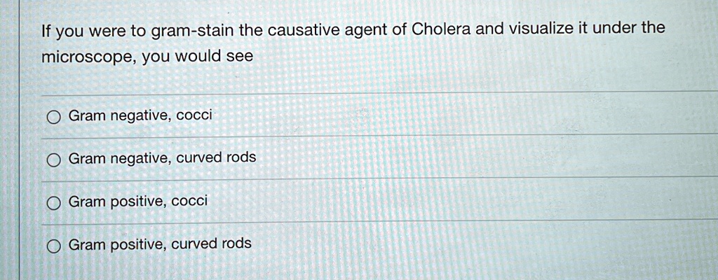 if you were to gram stain the causative agent of cholera and visualize ...