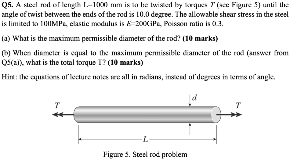 Q5. A steel rod of length L=1000 mm is to be twisted by torques T (see ...