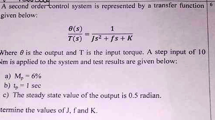 a second order control system is represented by a transfer function ...