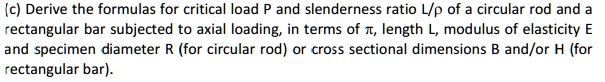 (c) Derive the formulas for critical load P and slenderness ratio L/ρ ...