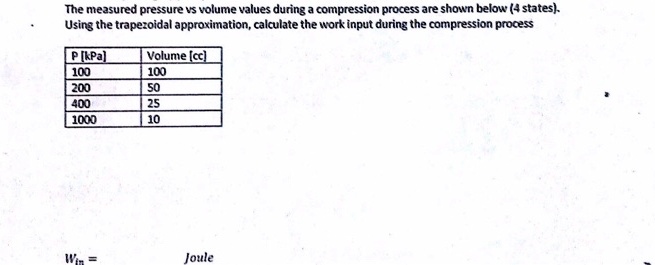 SOLVED: The measured pressure vs volume values during a compression process are shown below (4 ...