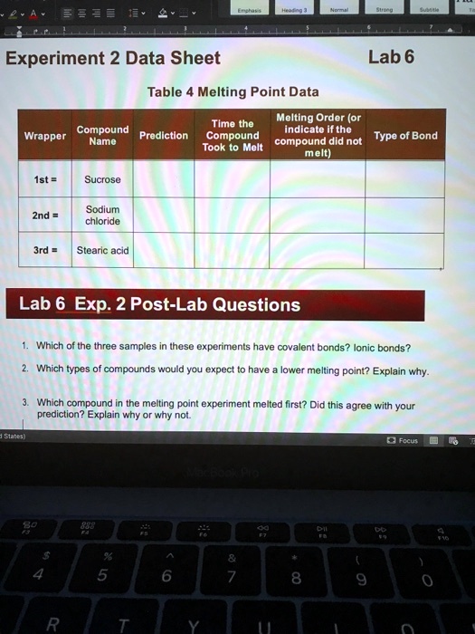 Experiment 2 Data Sheet Lab 6 Table 4 Melting Point Data Wrapper Compound Name Prediction Time ...