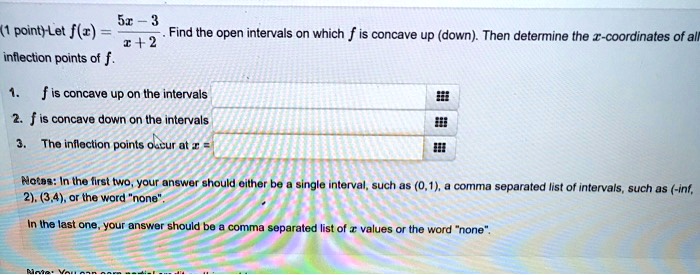 SOLVED:point) -Let f(~) Find the open intervals on which f is concave up I + 2 down): Then ...