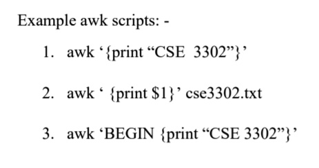 Example awk scripts: - 1. awk 'print "CSE 3302"' 2. awk 'print 1' cse3302.txt 3. awk 'BEGIN ...