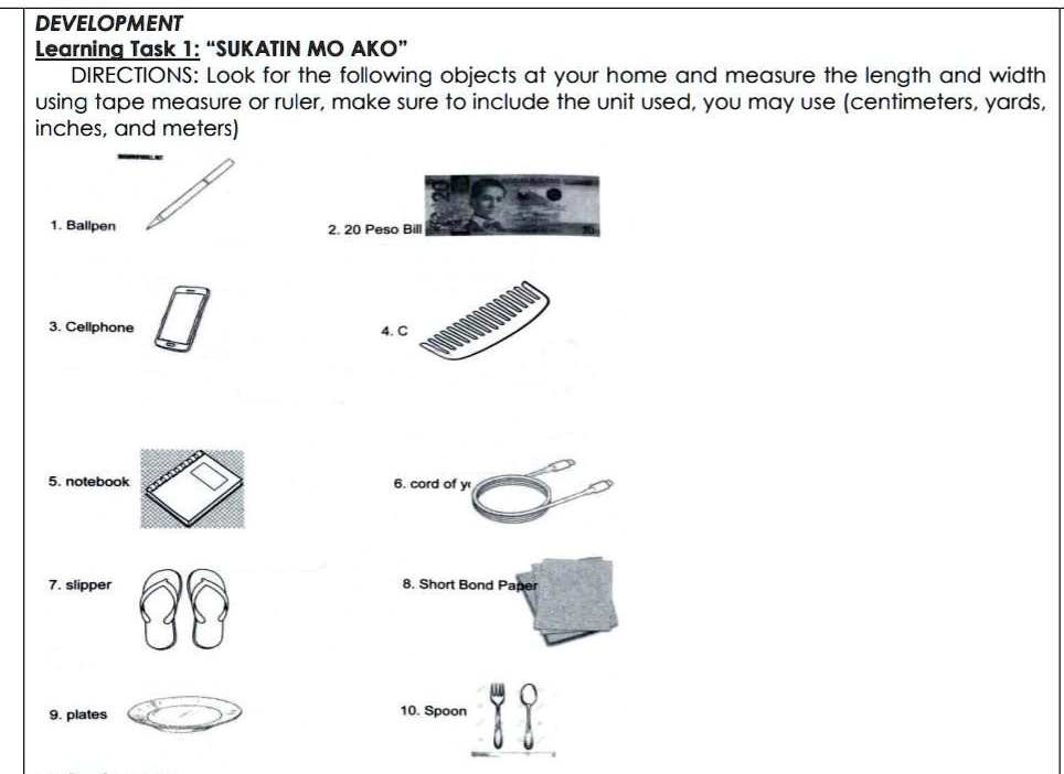 Solved Learning Task 1 Sukatin Mo Ako Directions Look For The Following Objects At Your