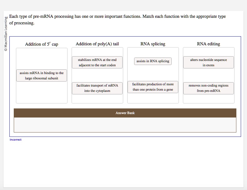 SOLVED: Each type of pre-mRNA processing has one or more important functions. Match each ...