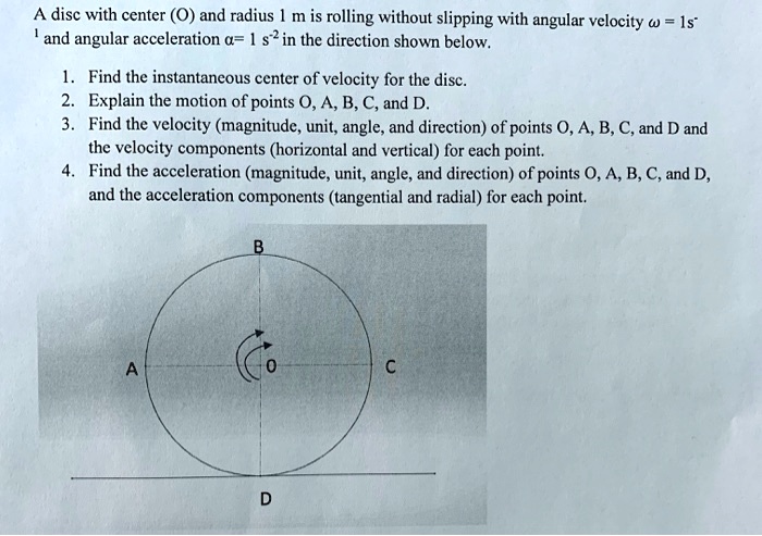 A disc with center (O) and radius 1 m is rolling without slipping with angular velocity ω = 1 s ...