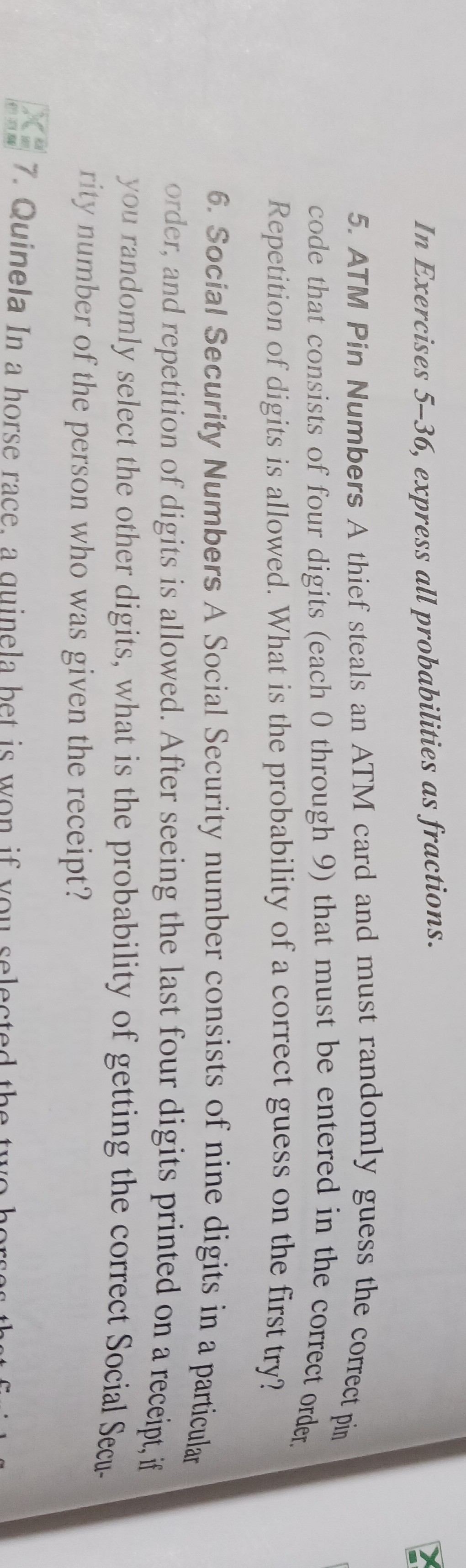 SOLVED: In Exercises 5-36, express all probabilities as fractions. 5. ATM Pin Numbers A thief ...
