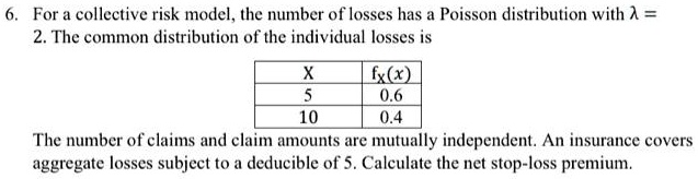 6. For a collective risk model, the number of losses has a Poisson ...