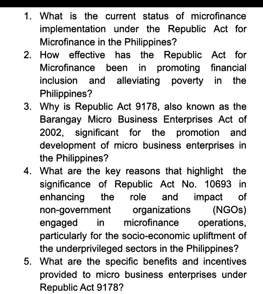 SOLVED: Texts: 1. What is the current status of microfinance ...