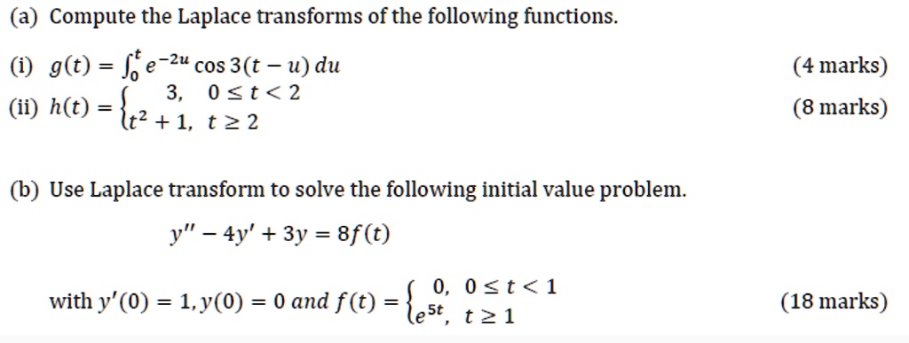 (a) Compute the Laplace transforms of the following functions. (i) g(t ...
