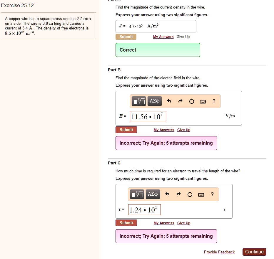 SOLVED: Exercise 25.12 Find the magnitude of the current density in the wire Express your answer ...