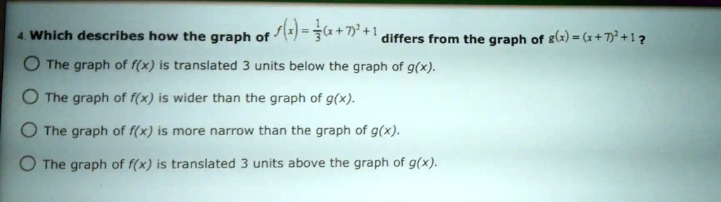 SOLVED: Which describes how the graph of )=36+7'+! differs from the ...