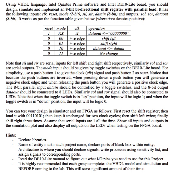 SOLVED: Using VHDL language, Intel Quartus Prime software, and Intel ... SOLVED: Using VHDL language, Intel Quartus Prime software, and Intel ...