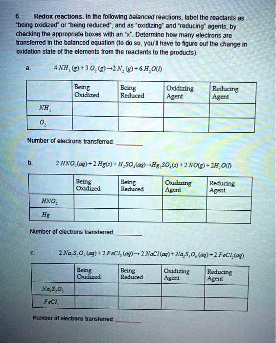Solved Redox Reactions In The Following Balanced Reactions Label The