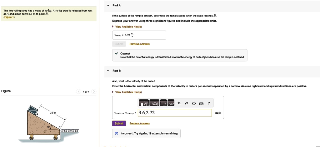 the free rolling ramp has a mass of 40 kg a 10 kg crate is released from rest at a and slides ...