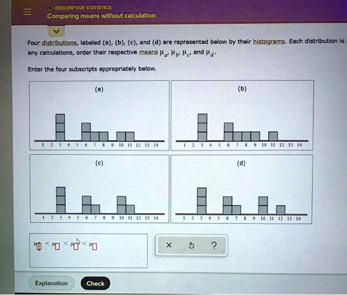 SOLVED:descripivestanistics Comparing means without calculatlon Four distrlbutions, labeled ...