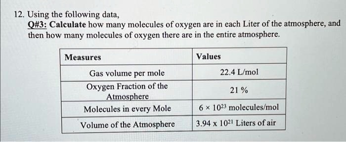12. Using the following data, Q#3: Calculate how many molecules of oxygen are in each Liter of ...