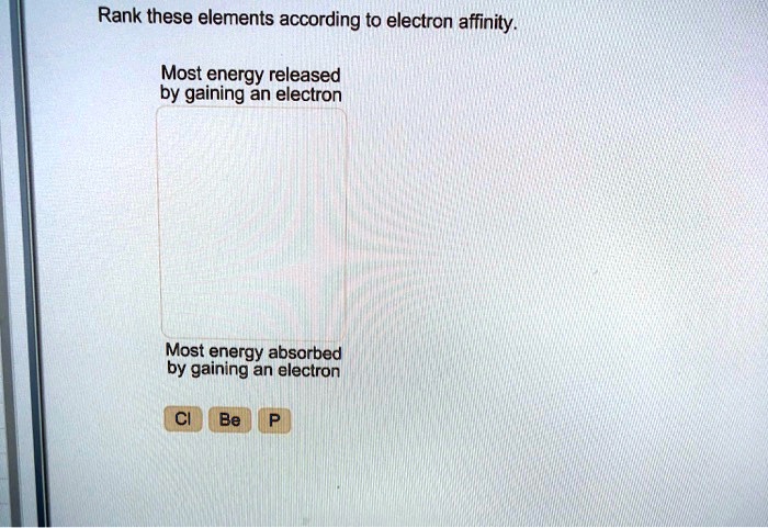 SOLVED: Rank these elements according to electron affinity. Most energy ... SOLVED: Rank these elements according to electron affinity. Most energy ...