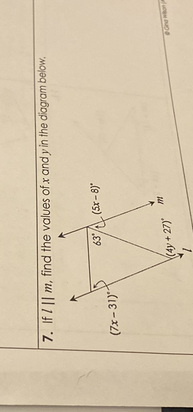 SOLVED: 7. If l m, find the values of x and y in the diogram below.