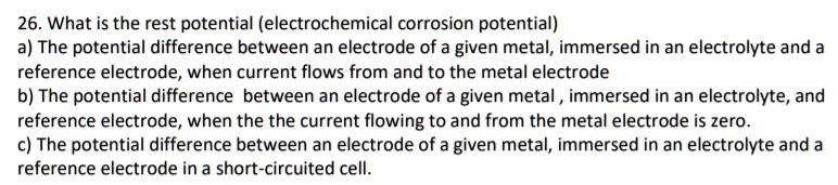 SOLVED: 26. What is the rest potential (electrochemical corrosion ...