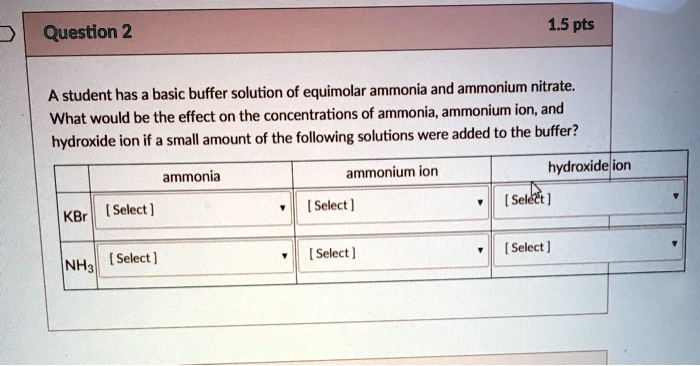 SOLVED: Question 2 1.5 pts A student has basic buffer solution of equimolar ammonia and ammonium ...